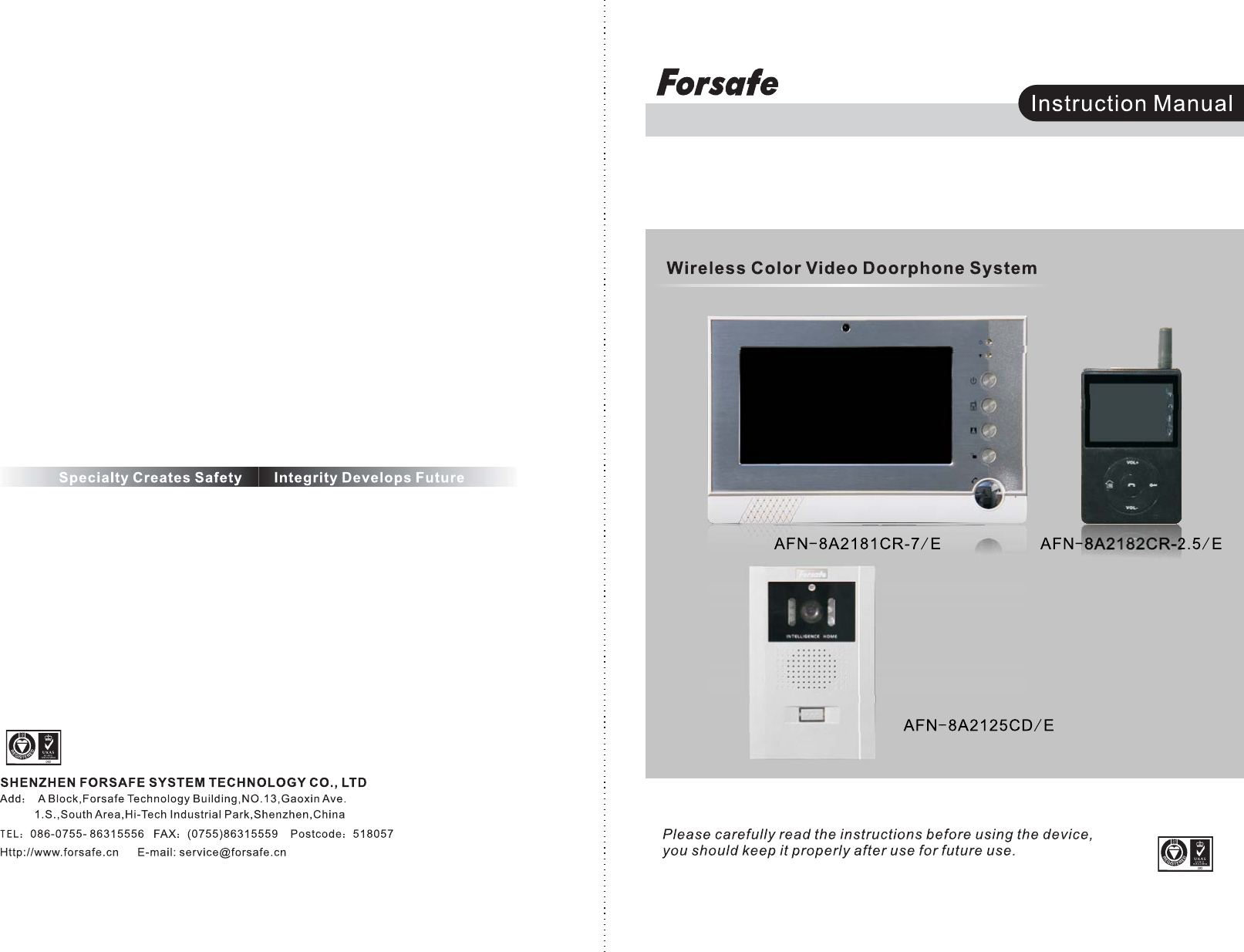 FORSAFE SYSTEM TECHNOLOGY 8A2181 Wireless Color Video Doorphone System ...