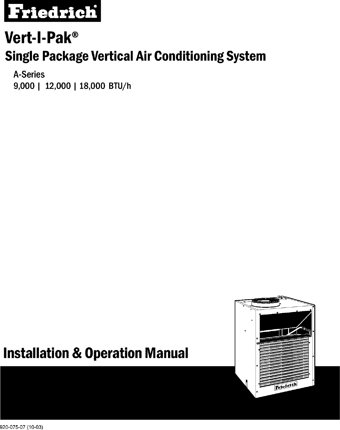 FRIEDRICH Package Units(both Units Combined) Manual L0404212