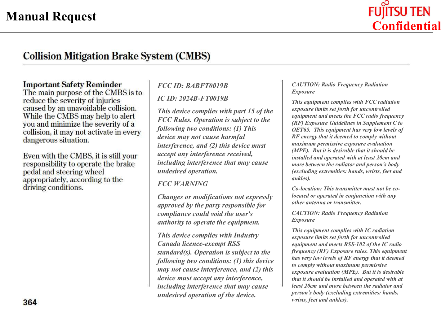 FUJITSU TEN FT0019B Radio Detection and Ranging Device for Vehicle User ...