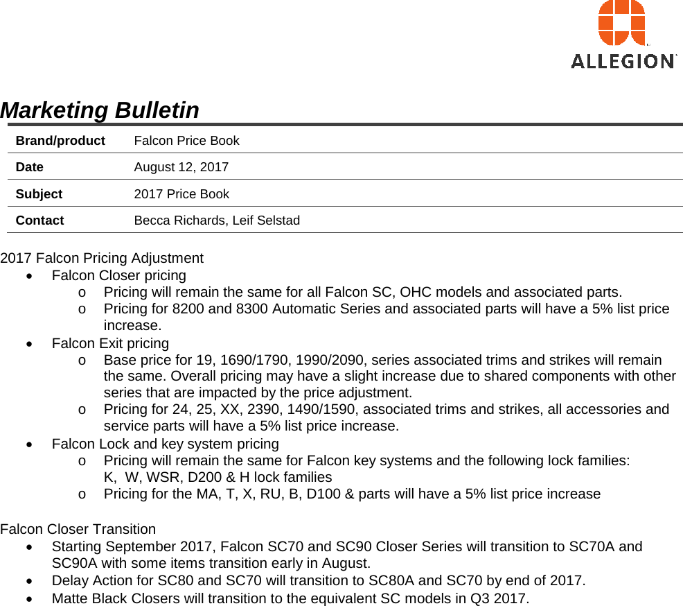 Falcon Price Book 2017
