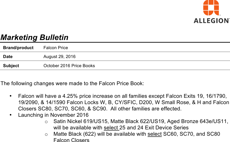 Falcon 2016 Price Book FALCON10 16