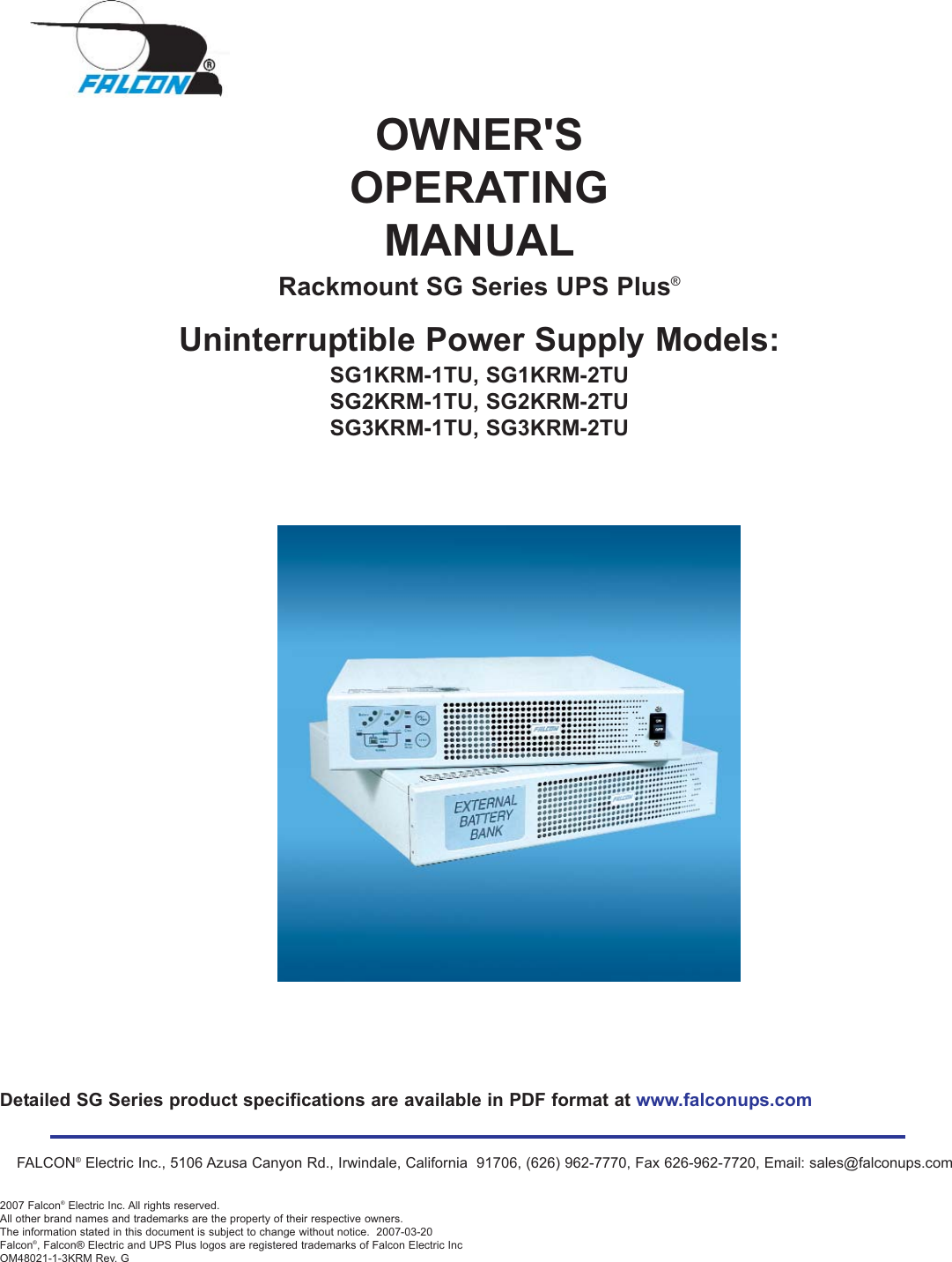 Falcon Rackmount Sg Series Ups Plus Sg1Krm 1Tu Users Manual SG1 3K ...