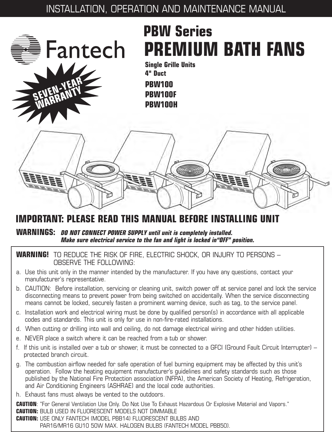 Fantech Ventilation Hood Pbw100F Users Manual 801007