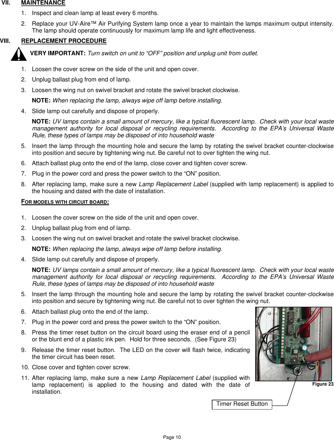 Field Controls Uv 18C Users Manual 46453400 Aire Lrg Inst Sheet Rev E 10 05