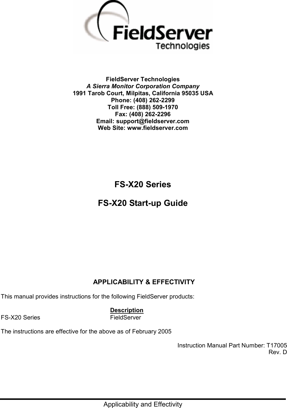 Fieldserver Fs X20 Users Manual FieldServer_FSX20 Start up_Manual_T17005_
