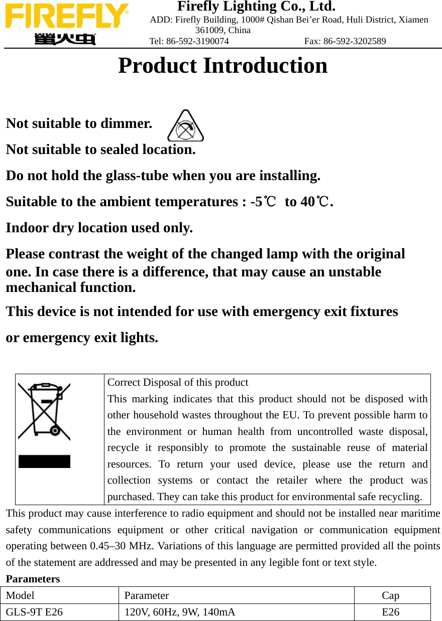 Firefly Lighting GLS-9T CFL User Manual