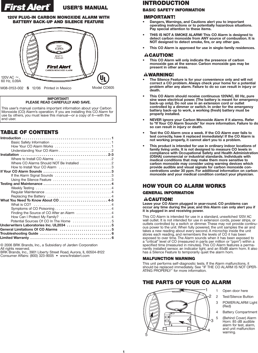 First Alert Co605 Users Manual M08 0153 002E_CO605p1