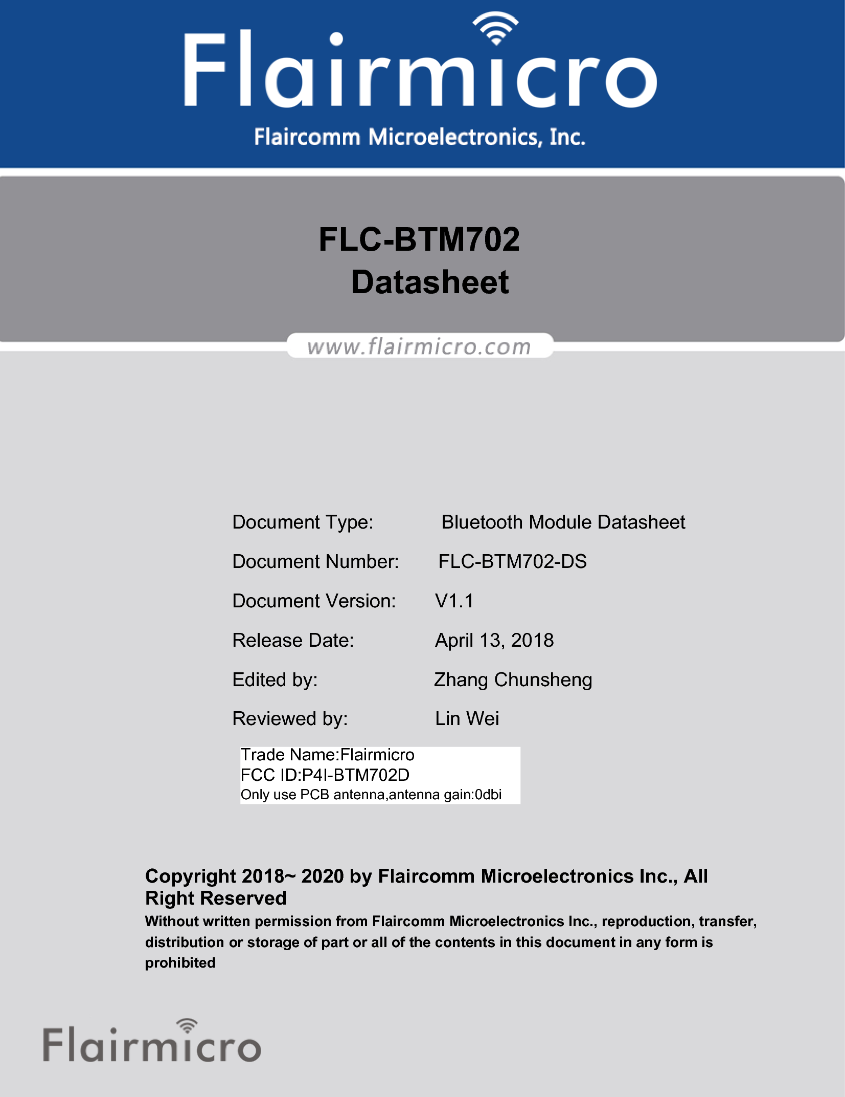 Flaircomm Microelectronics BTM702D Bluetooth Module BT5.0 User Manual FLC BTM702 DS EN V1 1 0416