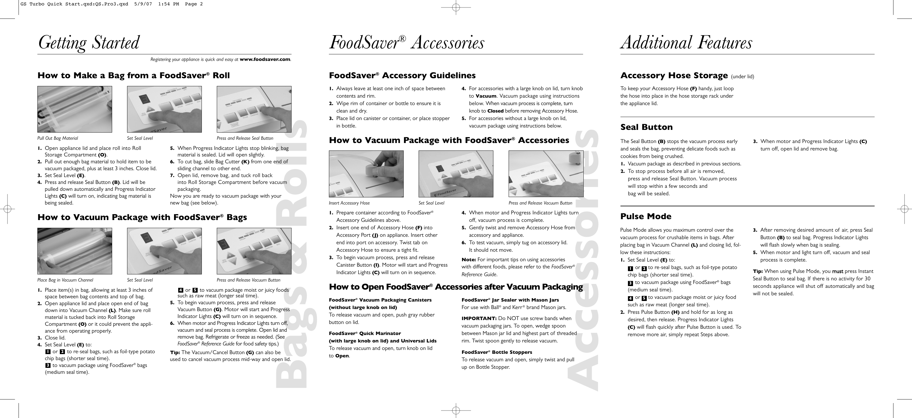 Food Saver Gamesaver Turbo Plus Users Manual GS Quick Start