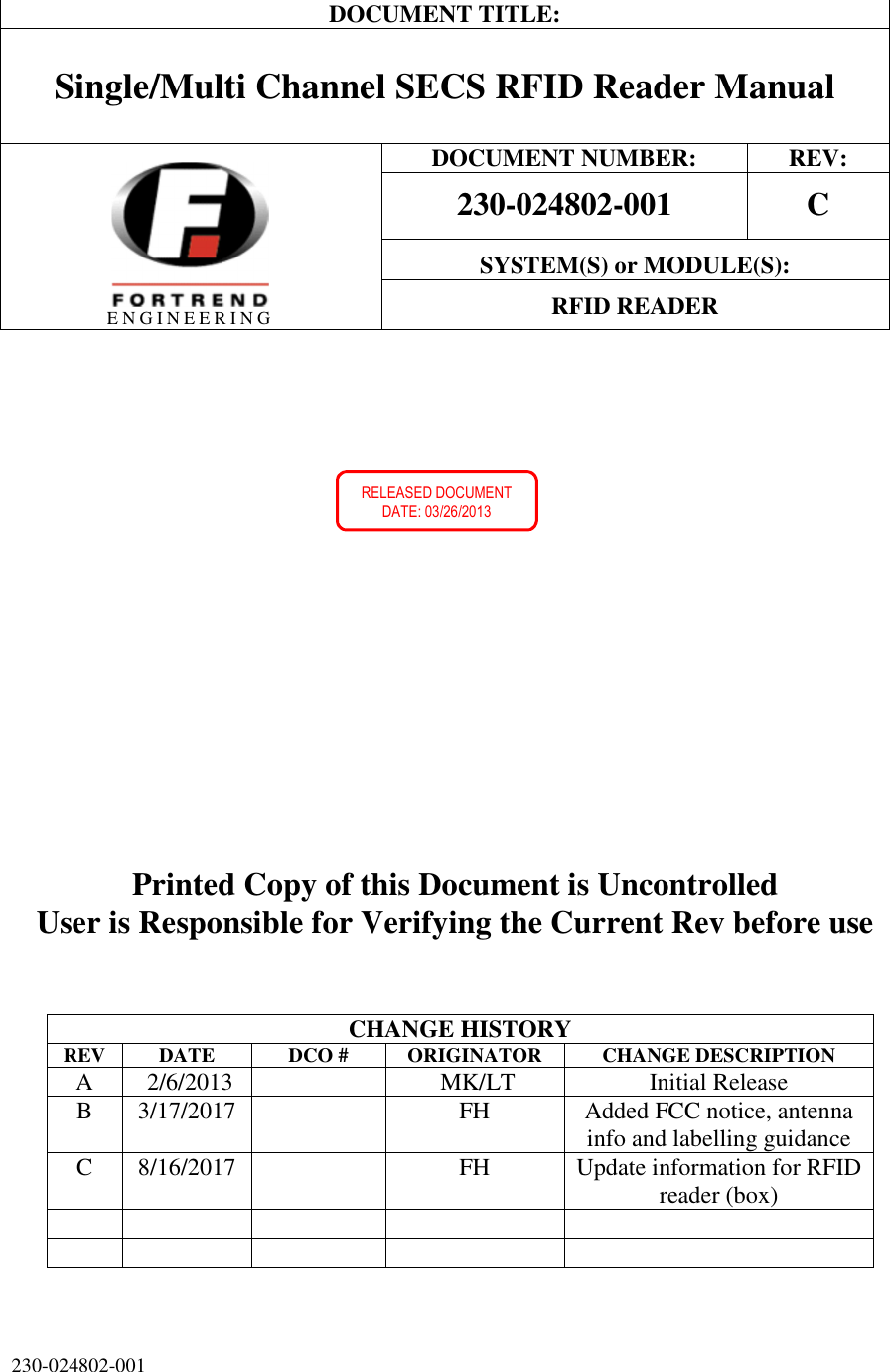 Fortrend Engineering RFIDMODULE RFID Reader Module User Manual