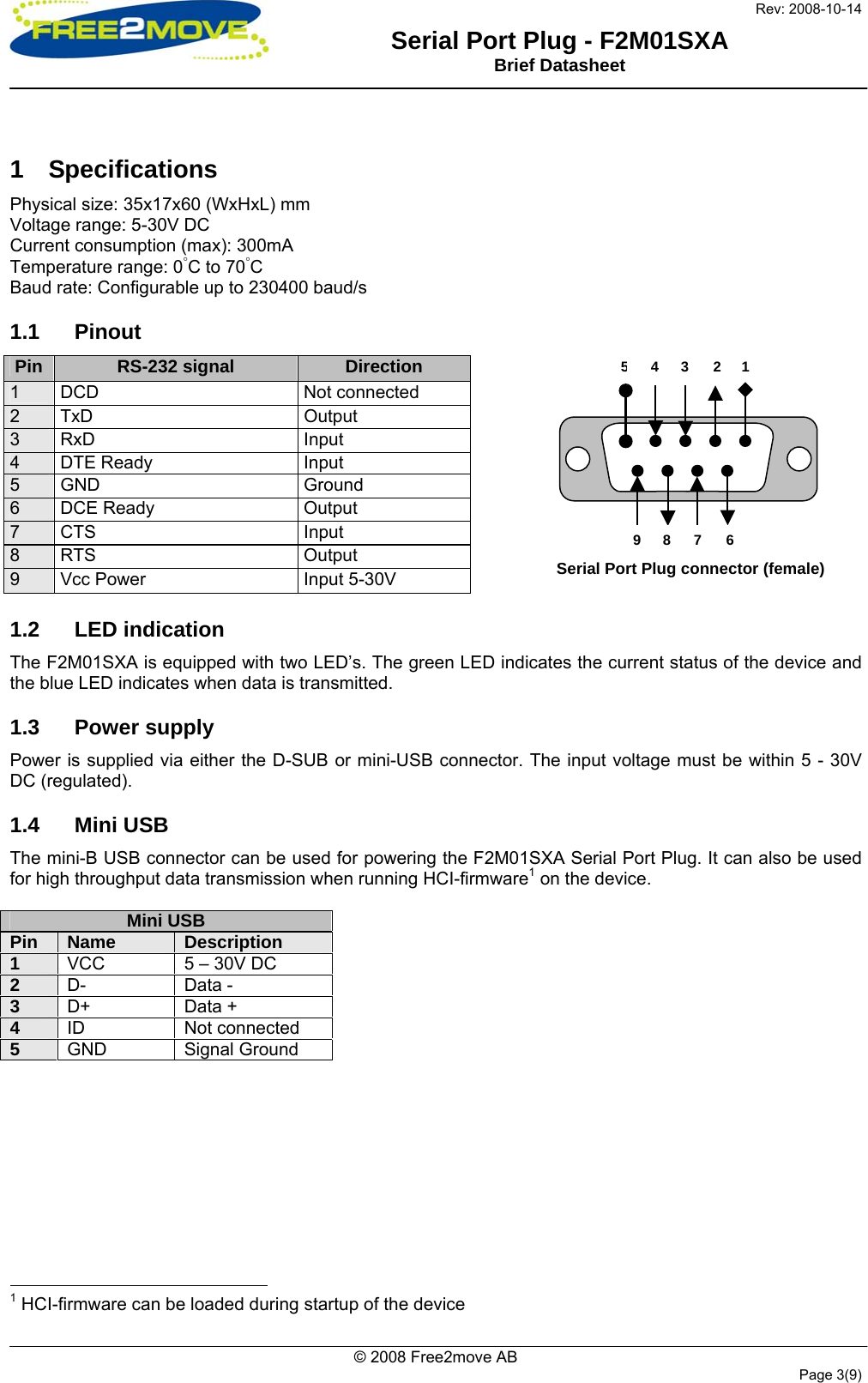 Free2move F2M01SX Bluetooth Serial Port Adaptor User Manual Data sheet