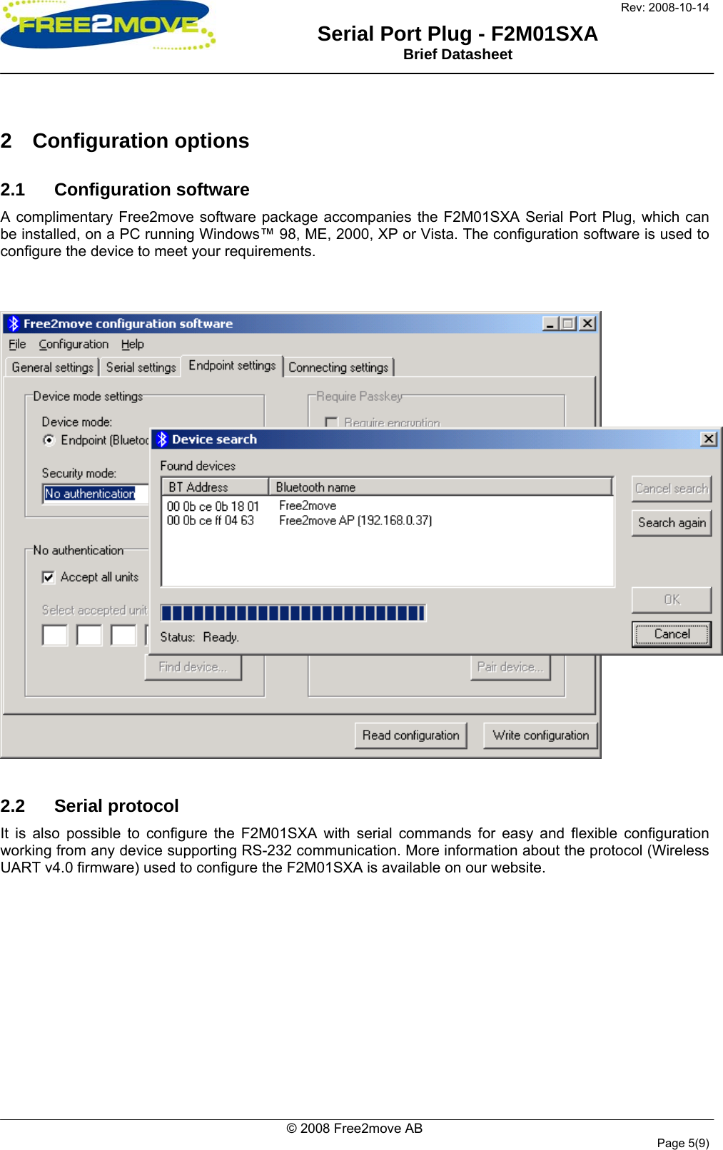 Free2move F2M01SX Bluetooth Serial Port Adaptor User Manual Data sheet