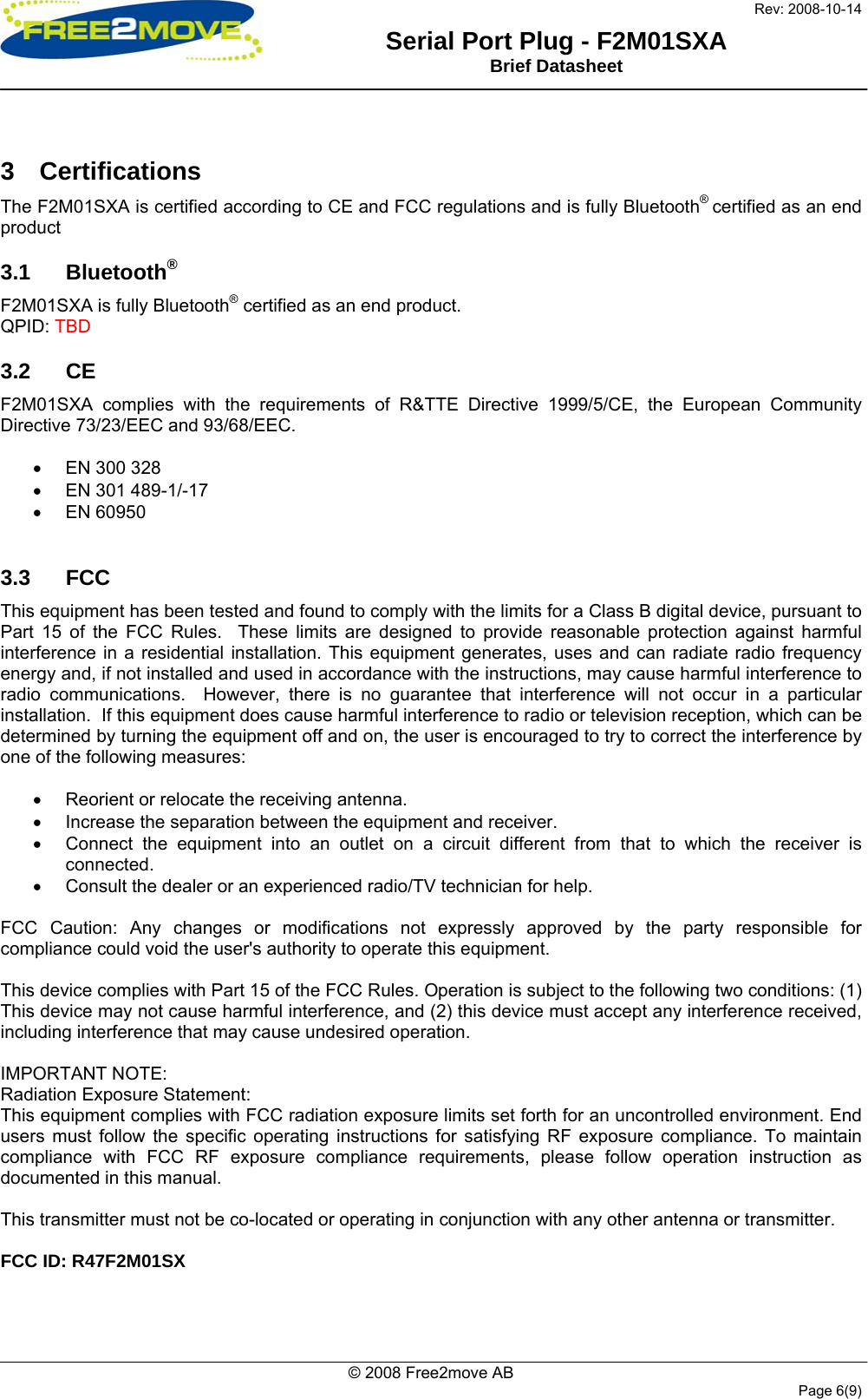 Free2move F2M01SX Bluetooth Serial Port Adaptor User Manual Data sheet