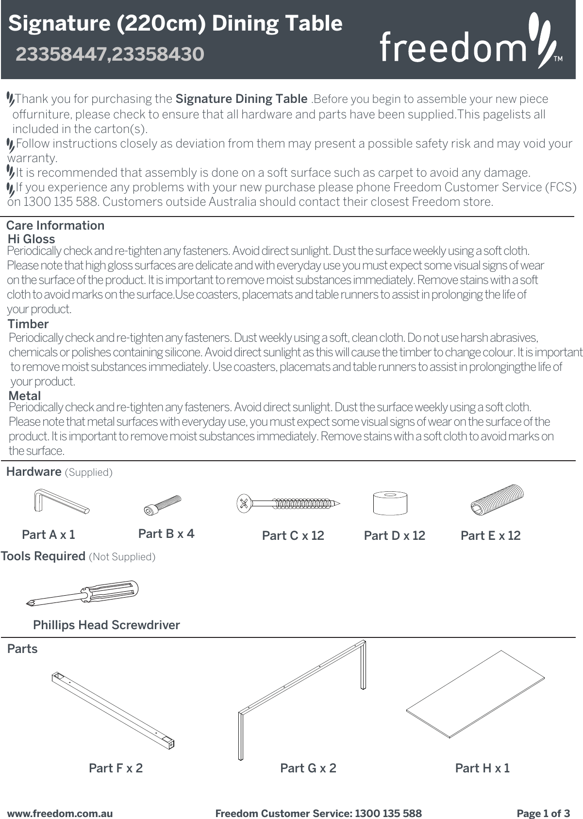 Freedom Signature Dining Table 220X100Cm 220x100x75