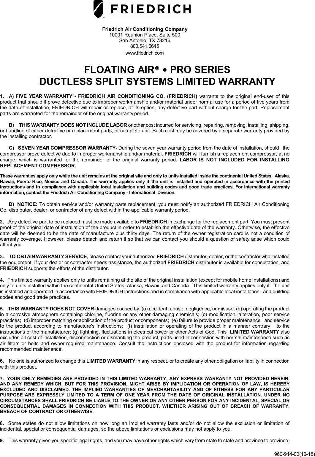 Friedrich Current Floating Air Pro Warranty