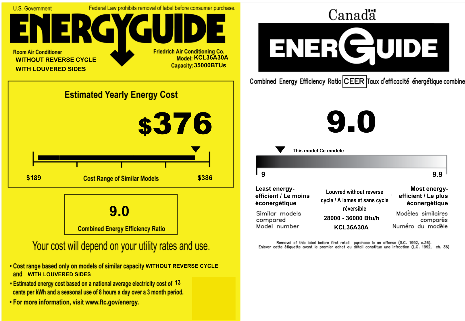 Friedrich EnergyGuide Energuide Label Kuhl KCL36A30A Energy Guide