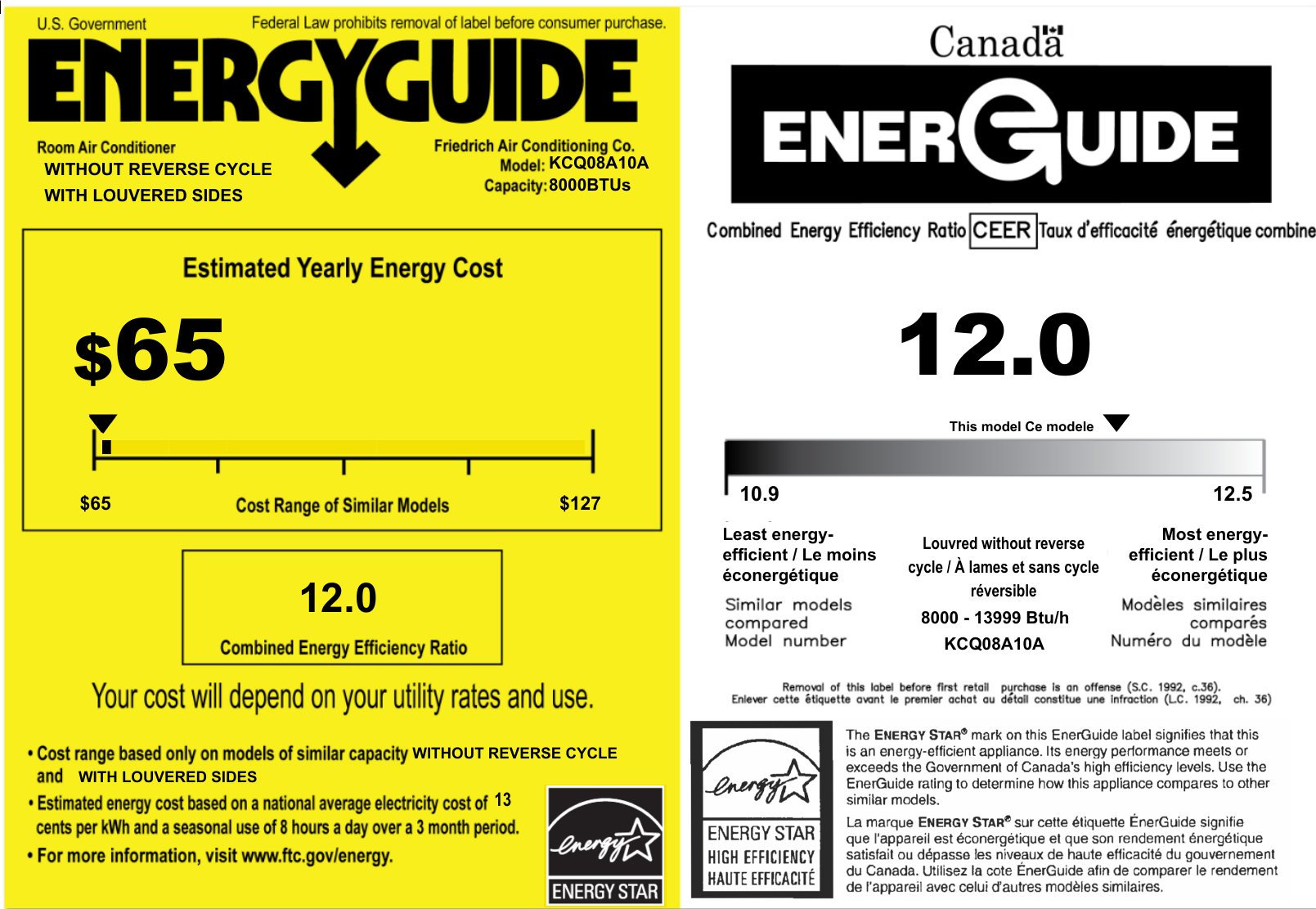 Friedrich EnergyGuide Energuide Label Kuhl KCQ08A10A Energy Guide