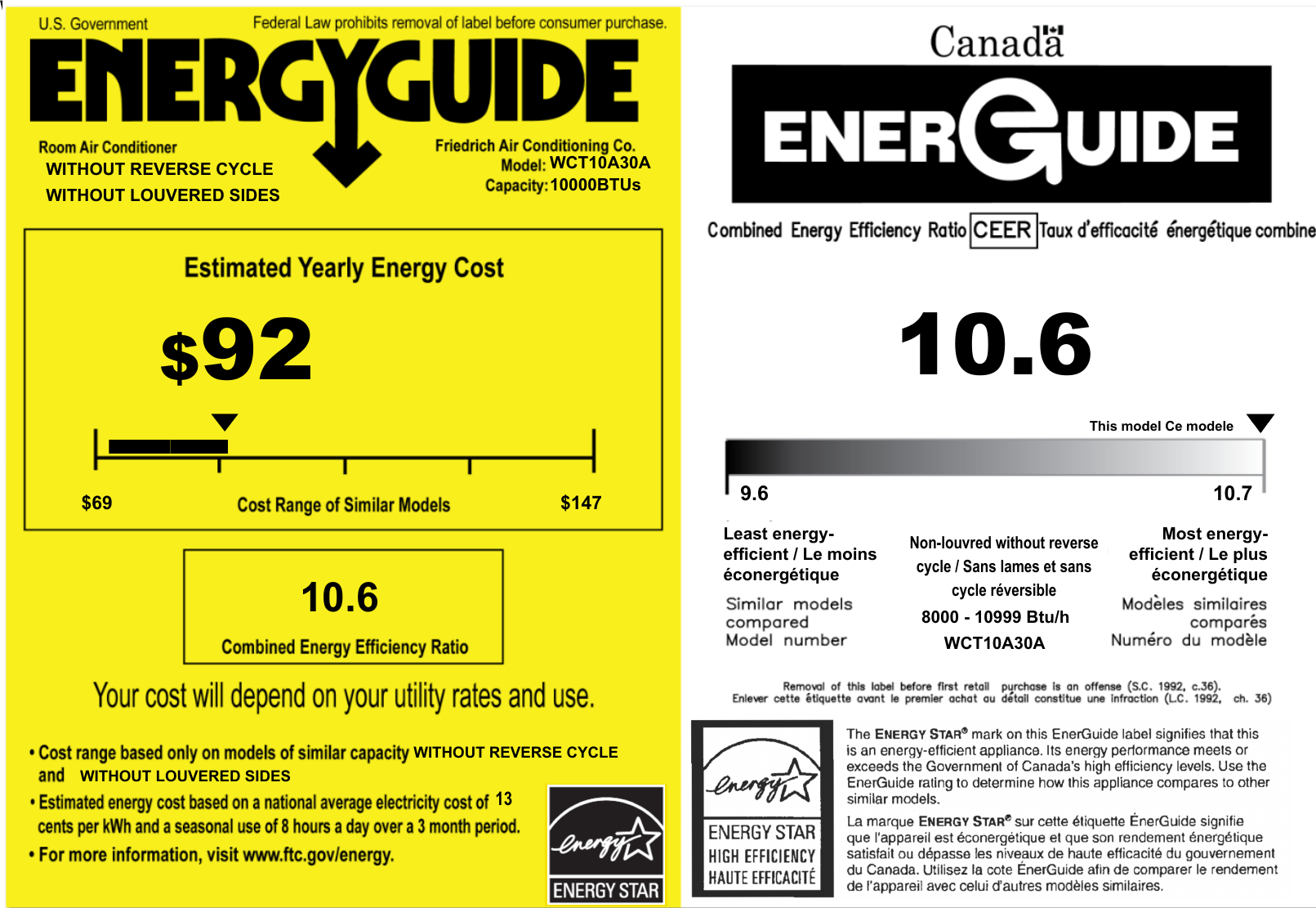 Friedrich EnergyGuide Energuide Label Wall Master WCT10A30A Energy Guide
