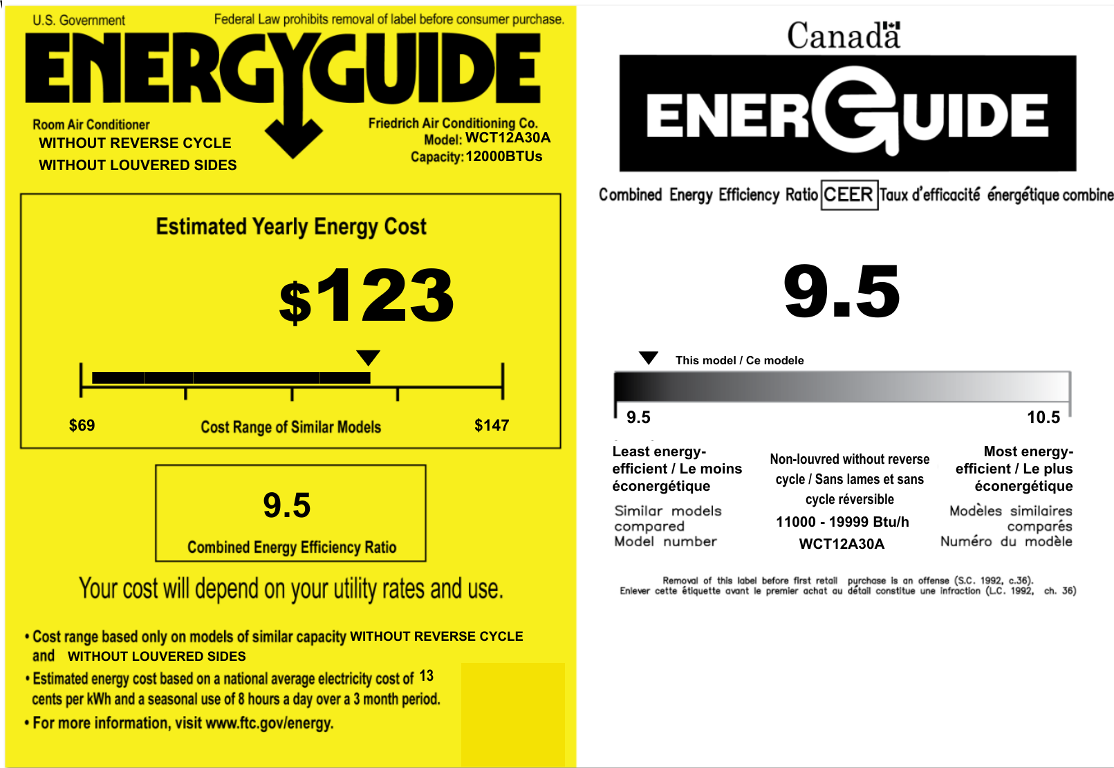 Friedrich EnergyGuide Energuide Label Wall Master WCT12A30A Energy Guide
