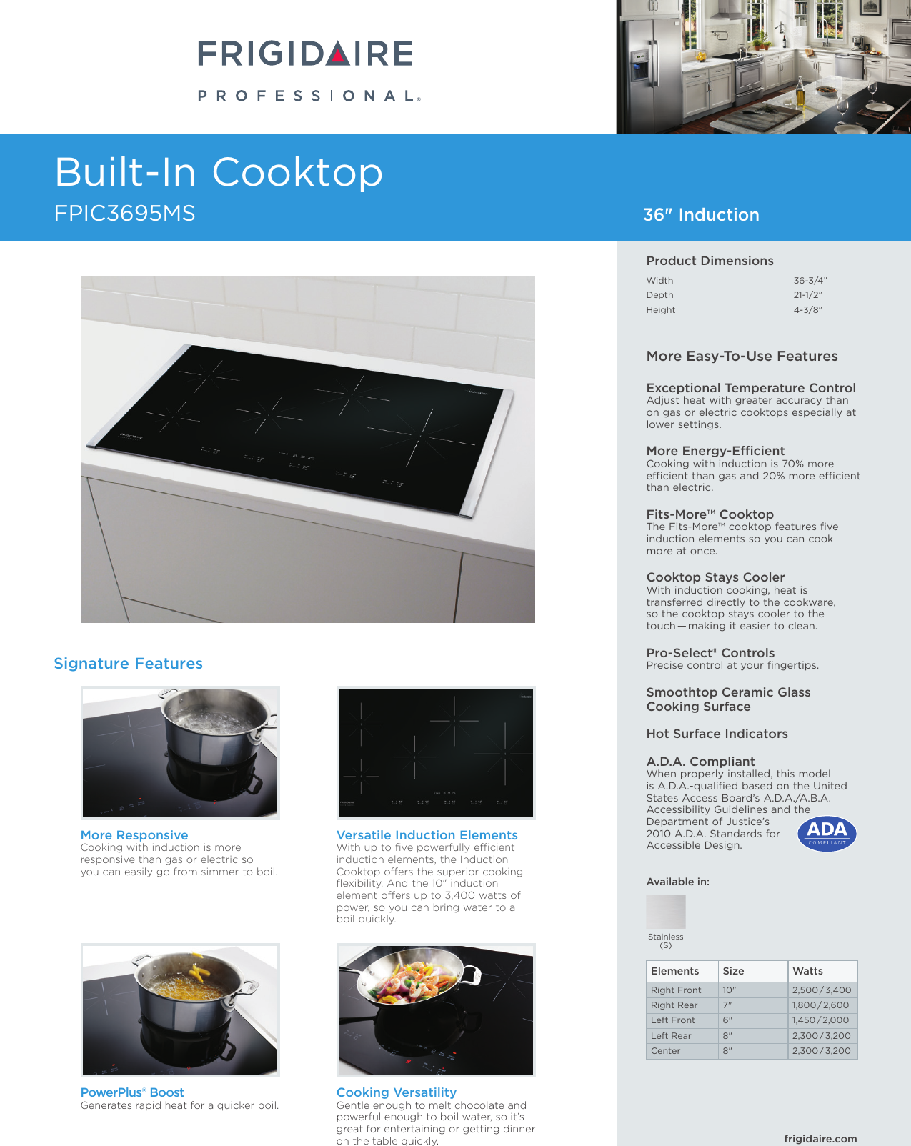 Frigidaire Fpic3695Ms Product Specifications Sheet