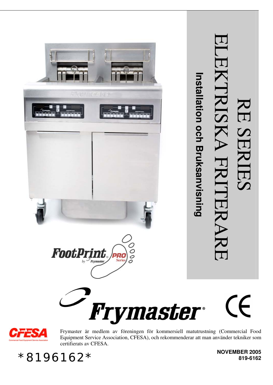 Frymaster Re Series Users Manual Electric Front Cover 819 6074 NOV 05 ...