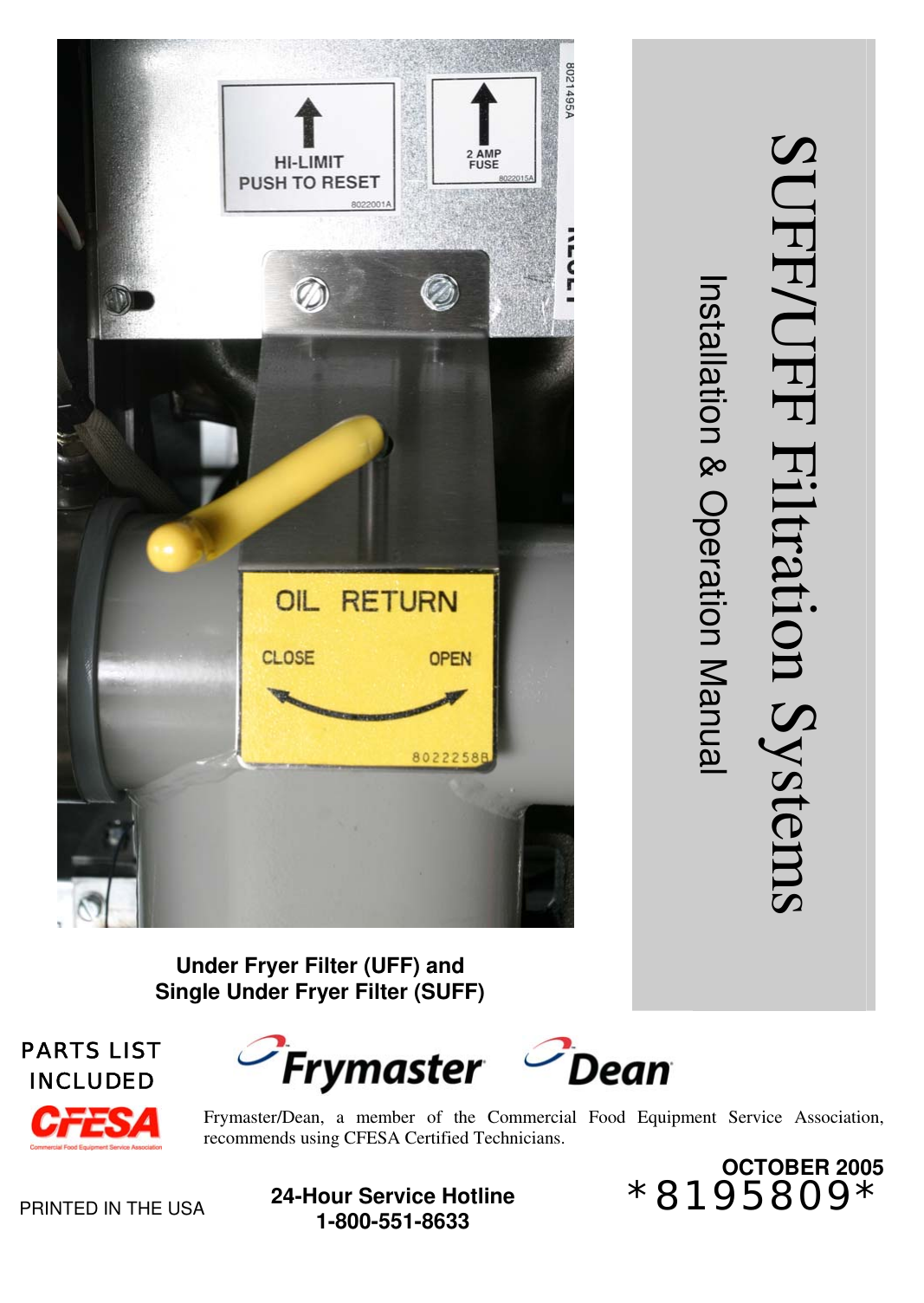 Frymaster Single Under Fryer Filter Suff Users Manual UFF Front Cover ...