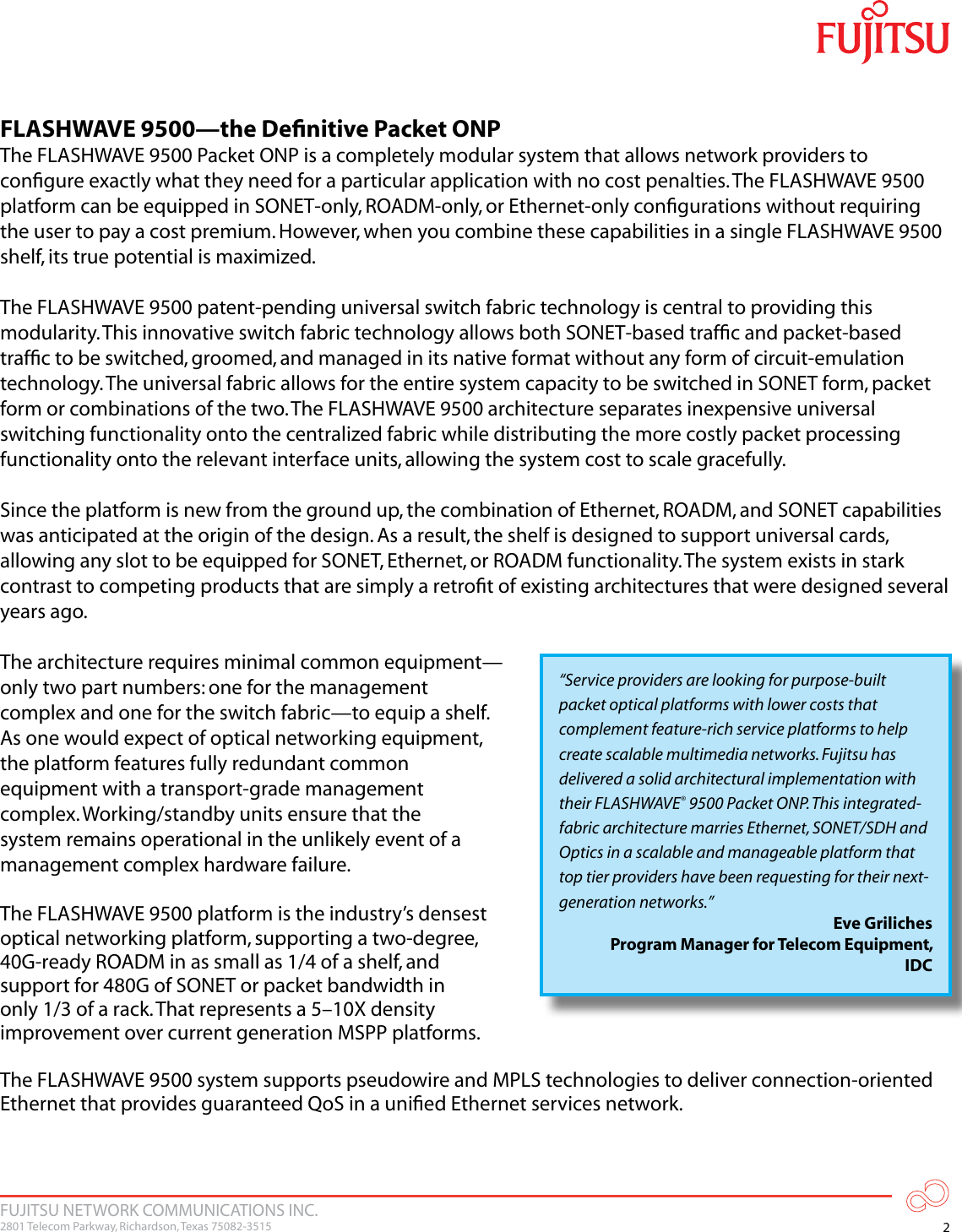 Fujitsu FLASHWAVE 9500 The Definitive Packet Optical Networking ...