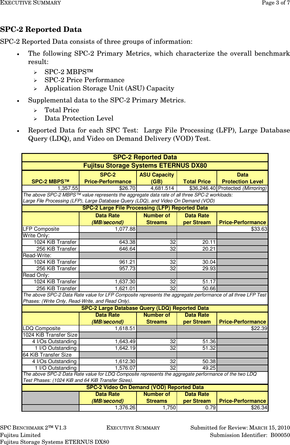 Fujitsu DS80 SPC2 ExecSumm ETERNUS DX80 SPC 2 Benchmark Executive ...