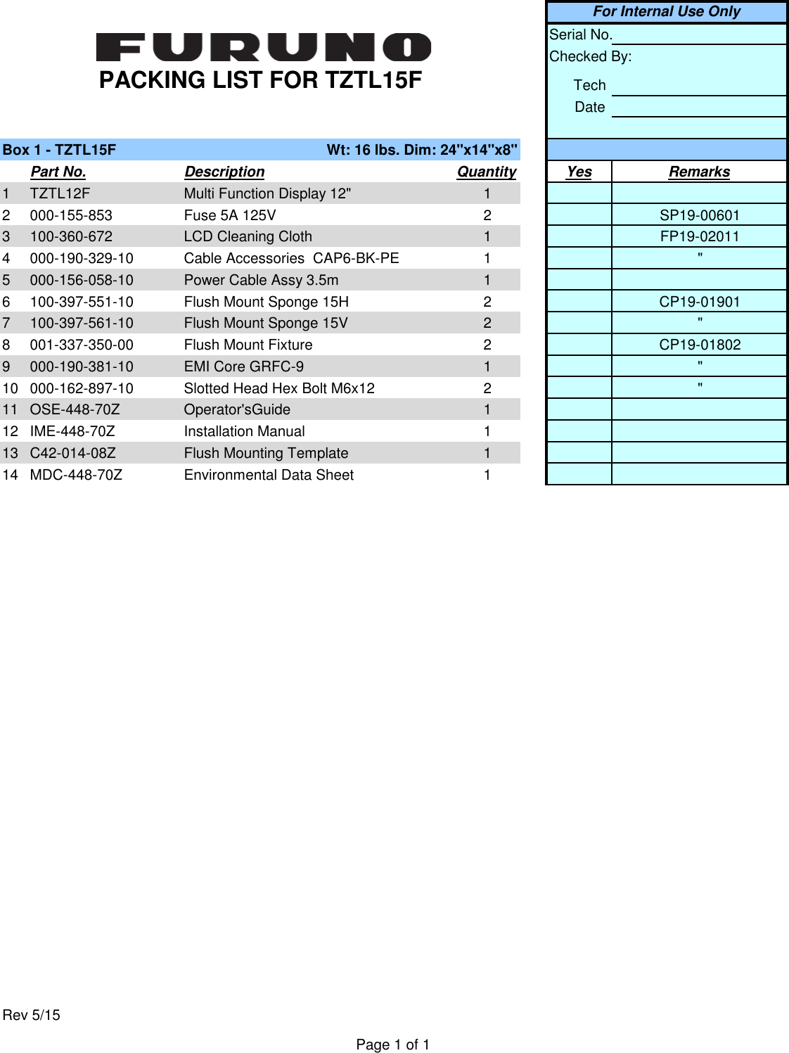 Furuno Tztl15F Packing List
