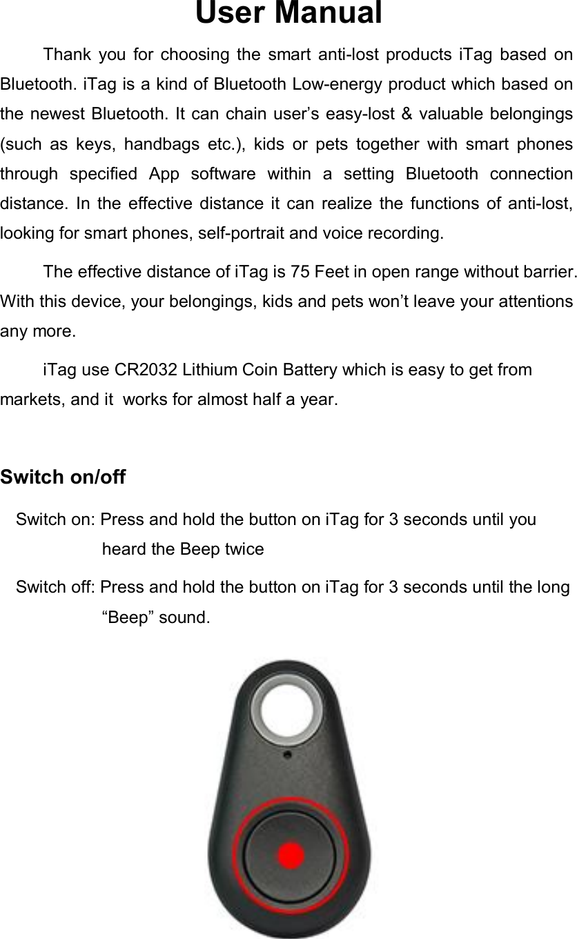 GE HUMAN ELECTRONICS ITAG Anti-Lost Device User Manual Manual