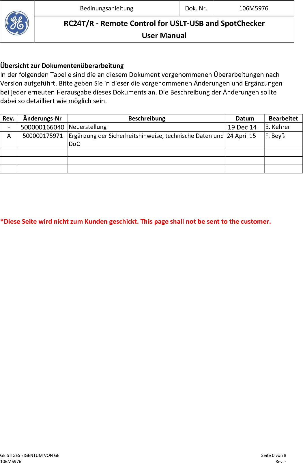 GE Sensing and Inspection Technologies GEIT-RC24 Remote control User ...