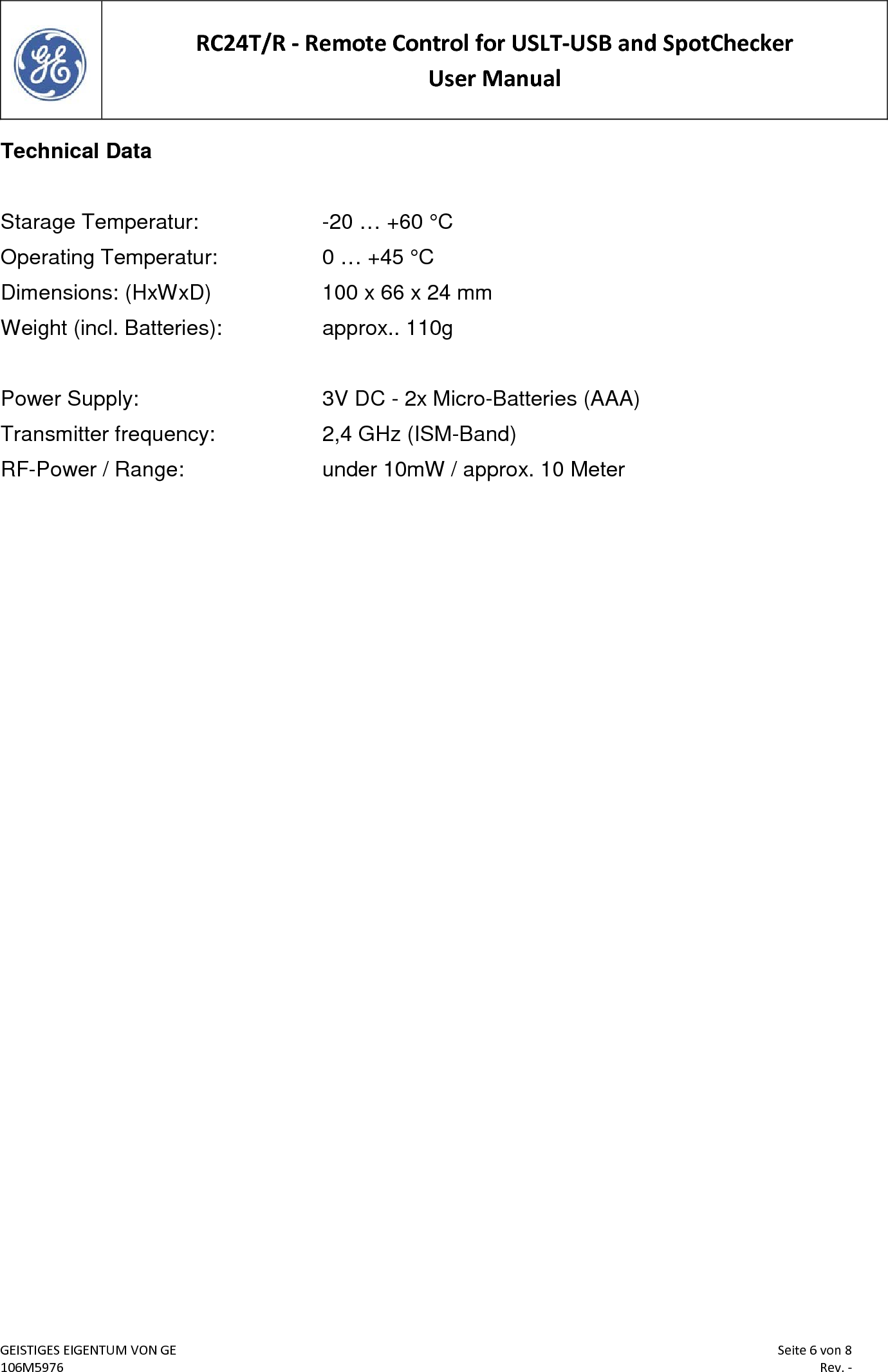 GE Sensing and Inspection Technologies GEIT-RC24 Remote control User ...