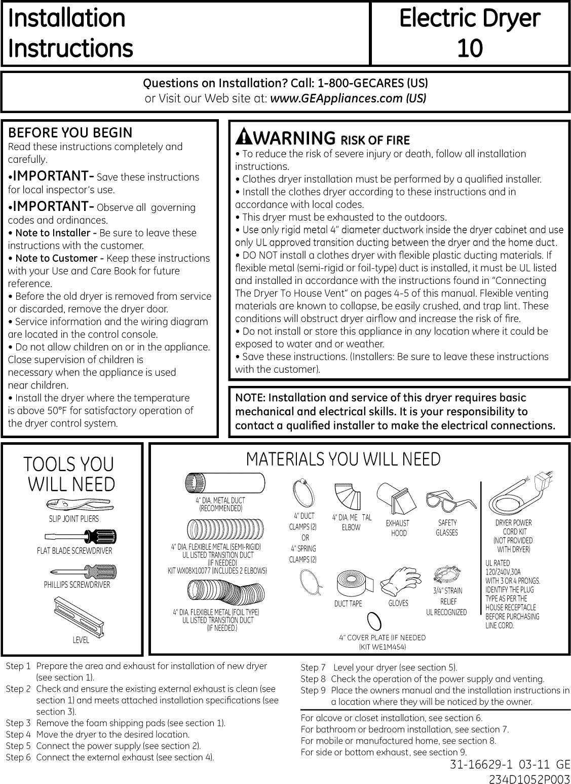 GE GFDN240EL0WW User Manual ELECTRIC DRYER Manuals And Guides 1108556L