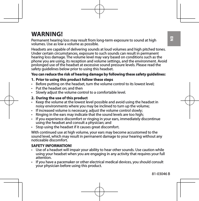 GN Netcom OTE8 Bluetooth Headset User Manual warning leaflet