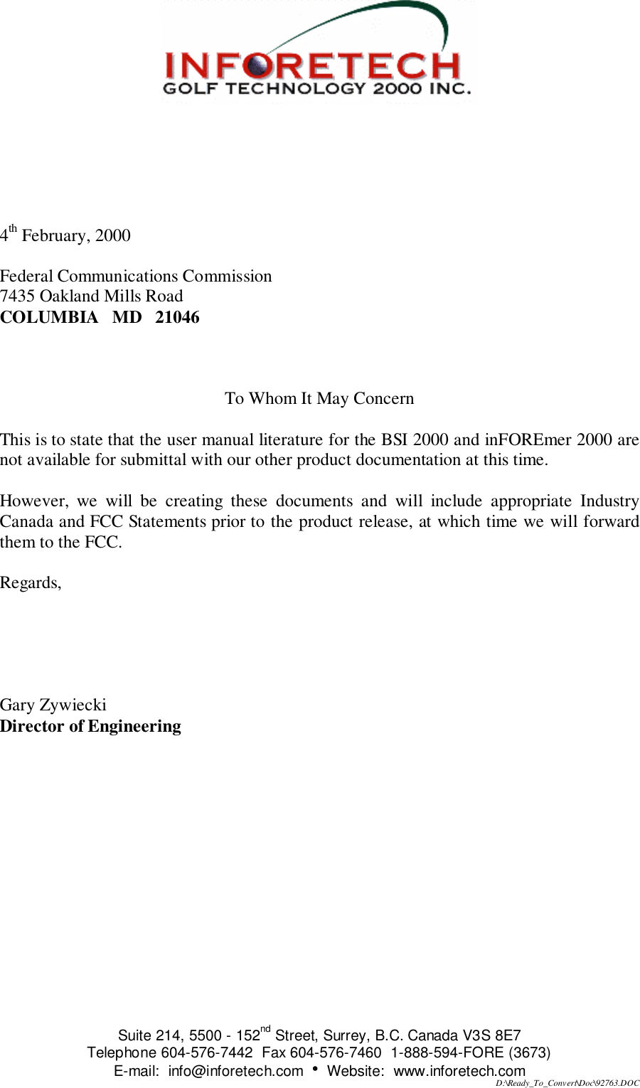 GPS INFORMER2000 Handheld GPS Golf Computer User Manual LETTER