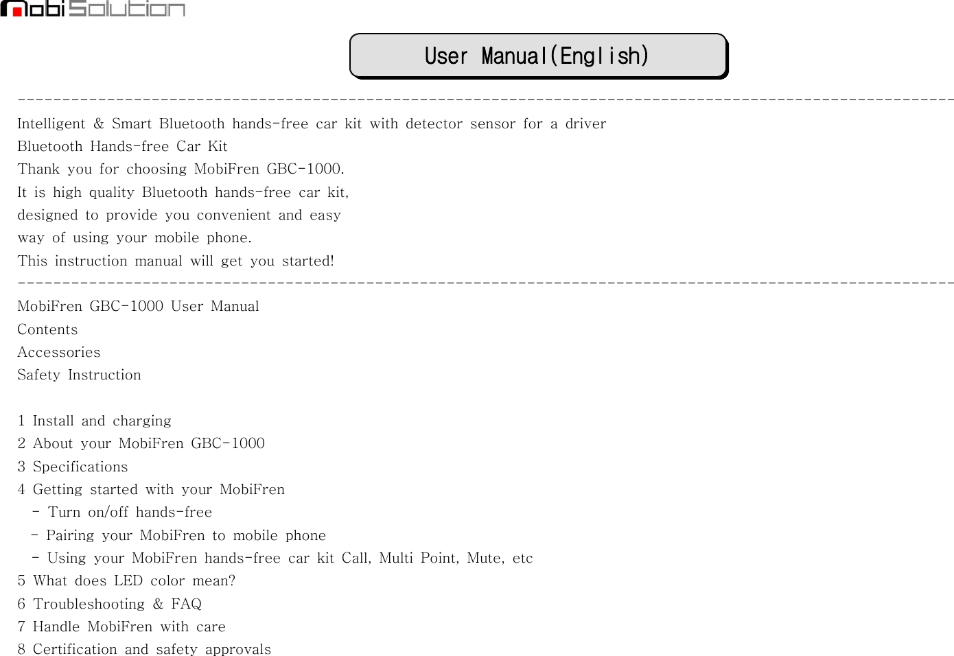 GT Telecom GBC-1000 Bluetooth Handsfree Car Kit User Manual