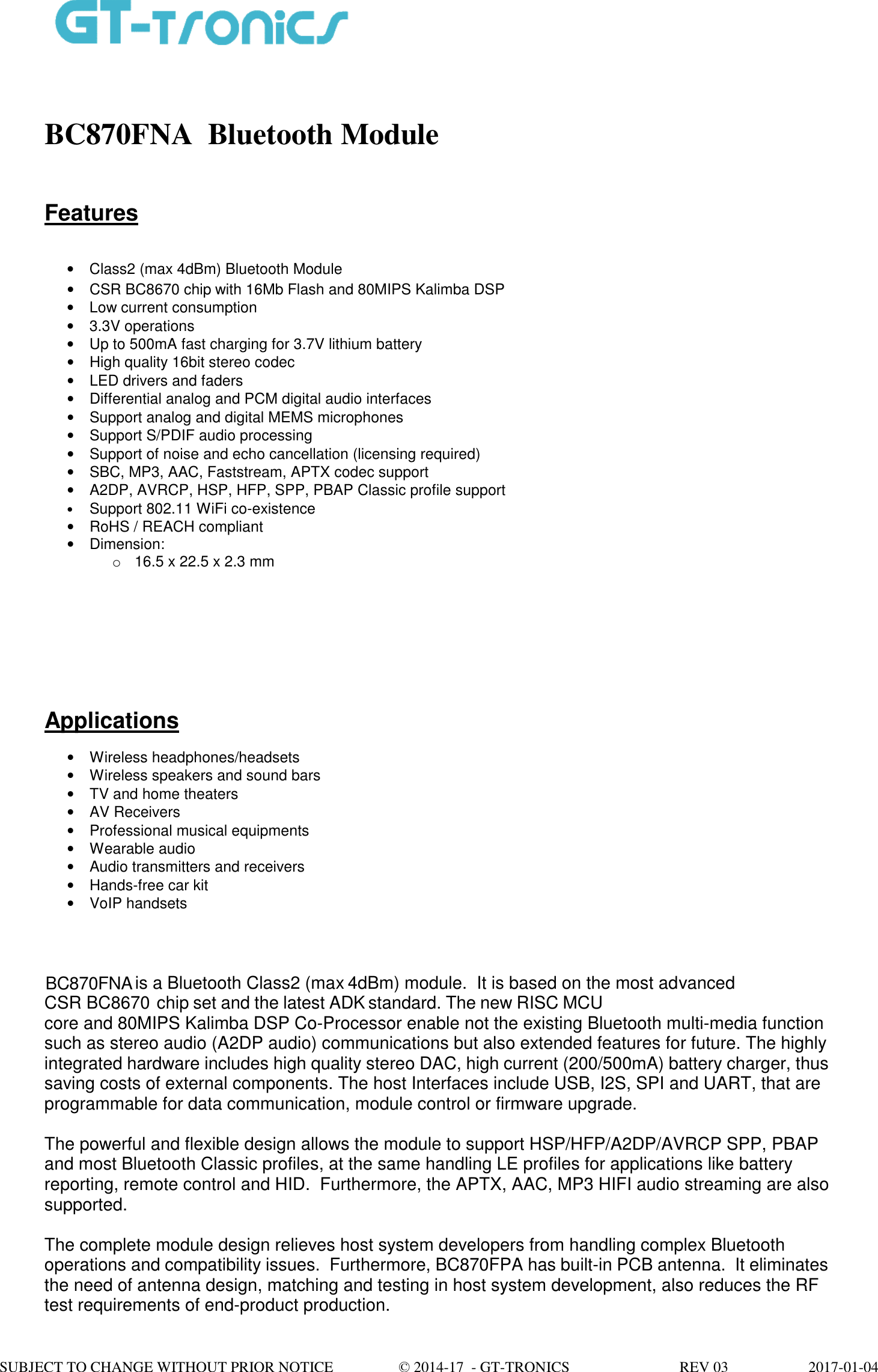 GT tronics HS-BC870FNA Bluetooth Module User Manual BC870FxA DataSheet