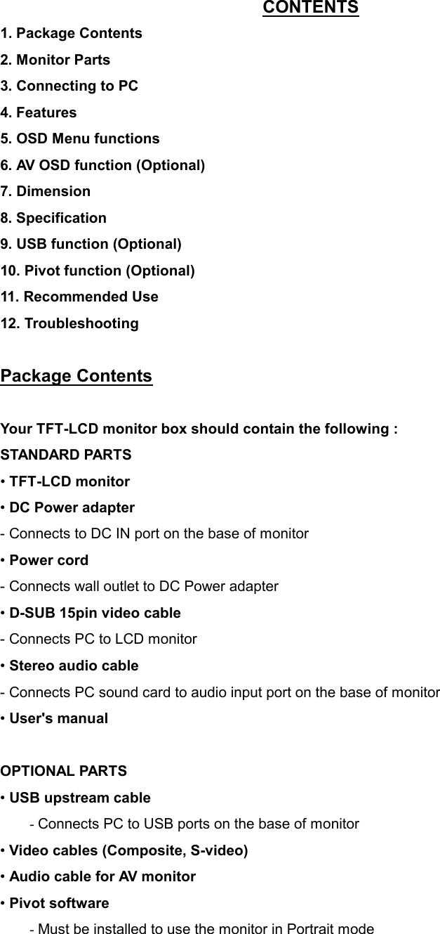 GTT GM-160 LCD Monitor User Manual CONTENTS