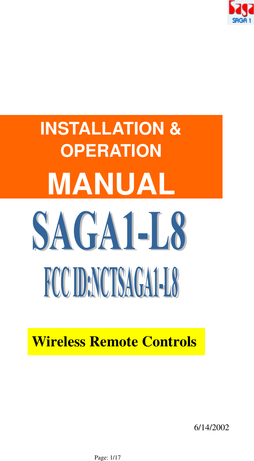 Gain Electronic Co SAGA1-L8 Transmitter User Manual manual