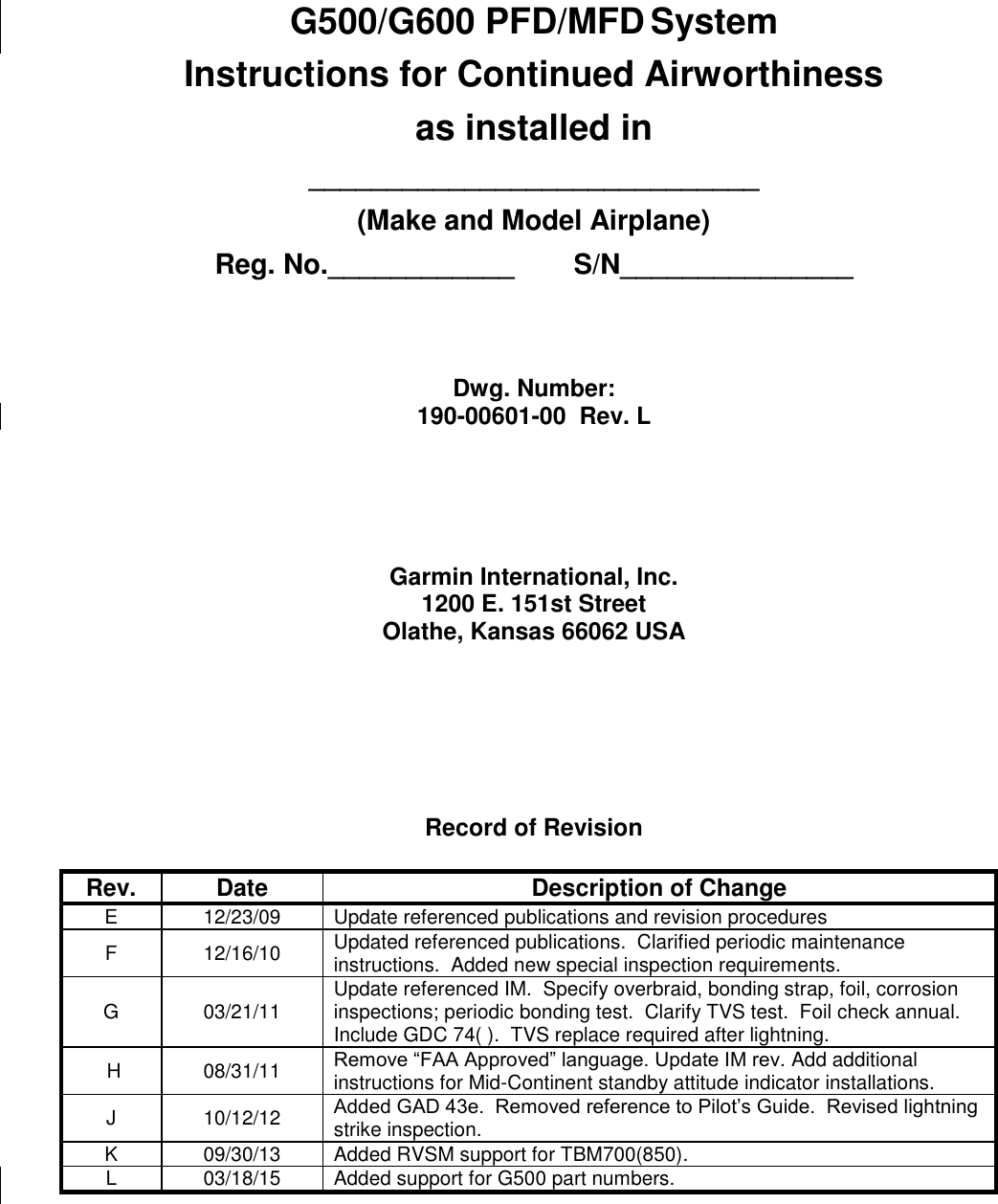 Garmin Part 23 Aml Stc Instruction Manual G500/G600 PFD/MFD System