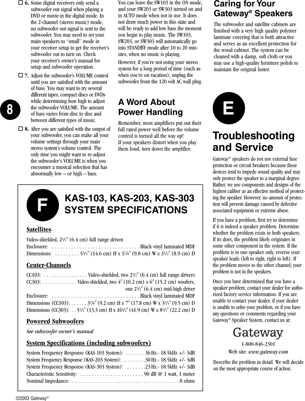 Gateway Kas103 Users Manual KAS 103/KAS 203/KAS 303 Speaker ...