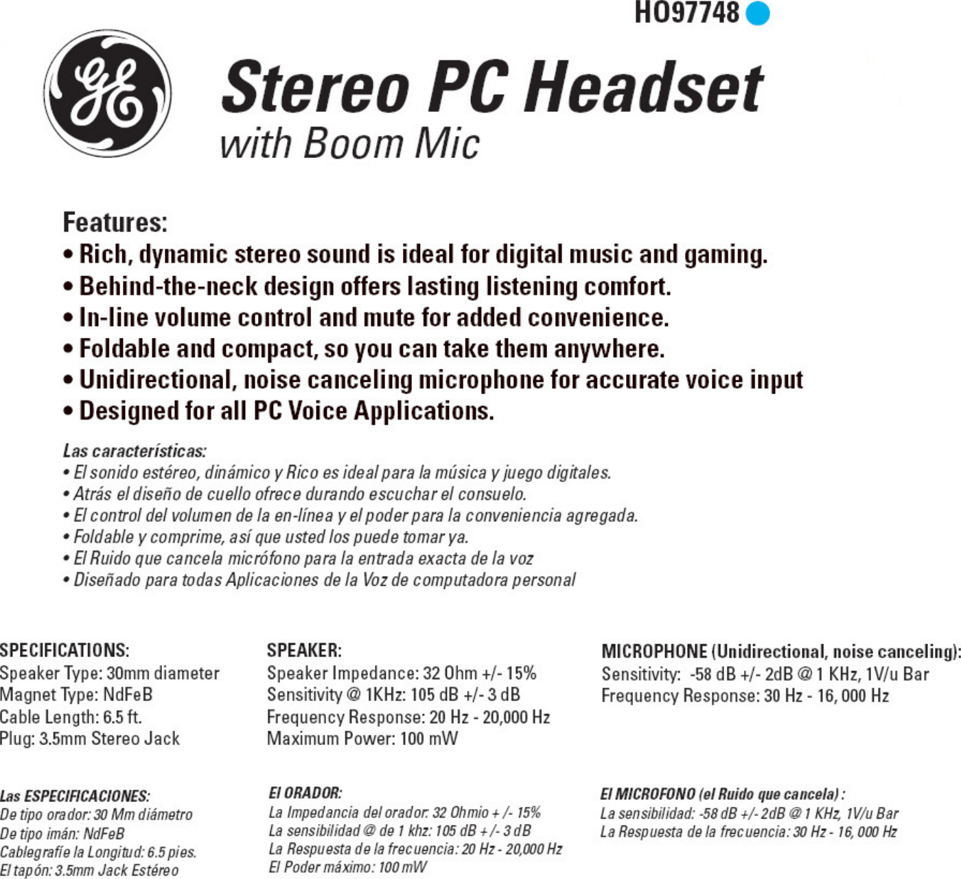 Ge Appliances 97748 Stereo Pc Headset With Boom Mic Owners Manual