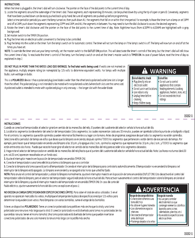 Ge Appliances Plugin 15152 Mechanical Timer Owners Manual