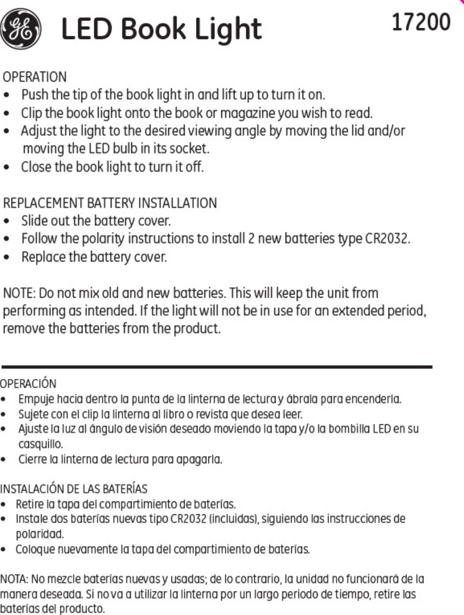 Ge 17200 Led Book Light White Quick Start Guide