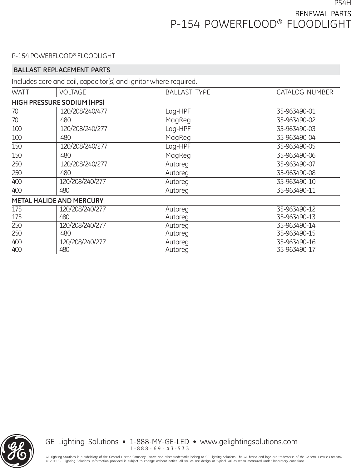 Ge P54H Renewal Parts Hazardous Location Fixture Lighting Floodlight ...
