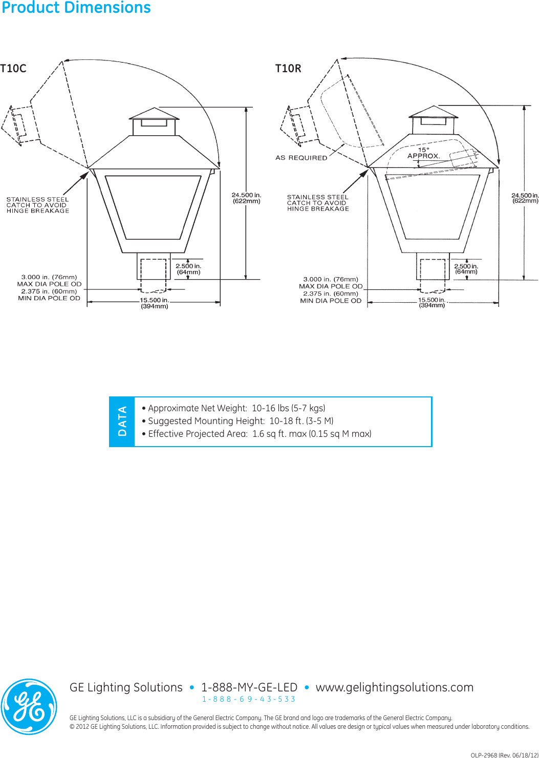 Ge T10C And T10R Data Sheet Outdoor Area Lighting Decorative Post Top ...