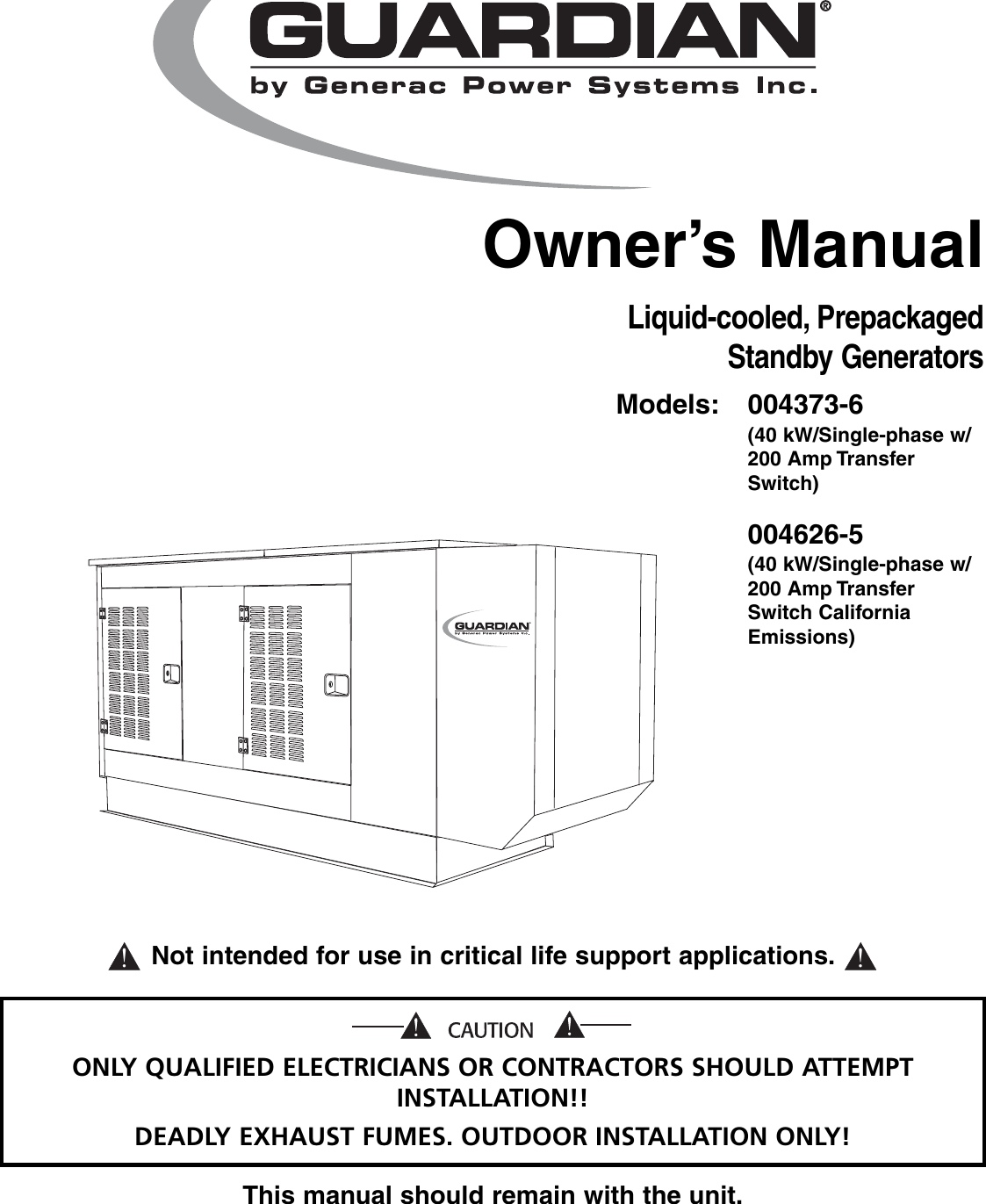 Generac Power Systems 004373 6 Users Manual 0E7018RevD