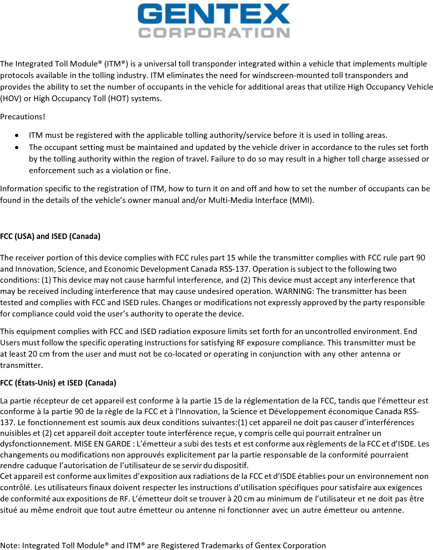 Gentex UAGTMB Integrated Toll Module User Manual Rev 3 0