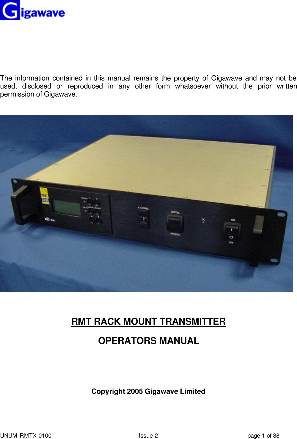 Gigawave US RMTX-2025 RACK MOUNT TRANSMITTER User Manual RMT manual Mod ...