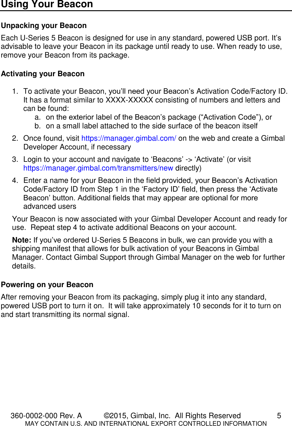 Gimbal GUS5 USB Beacon User Manual